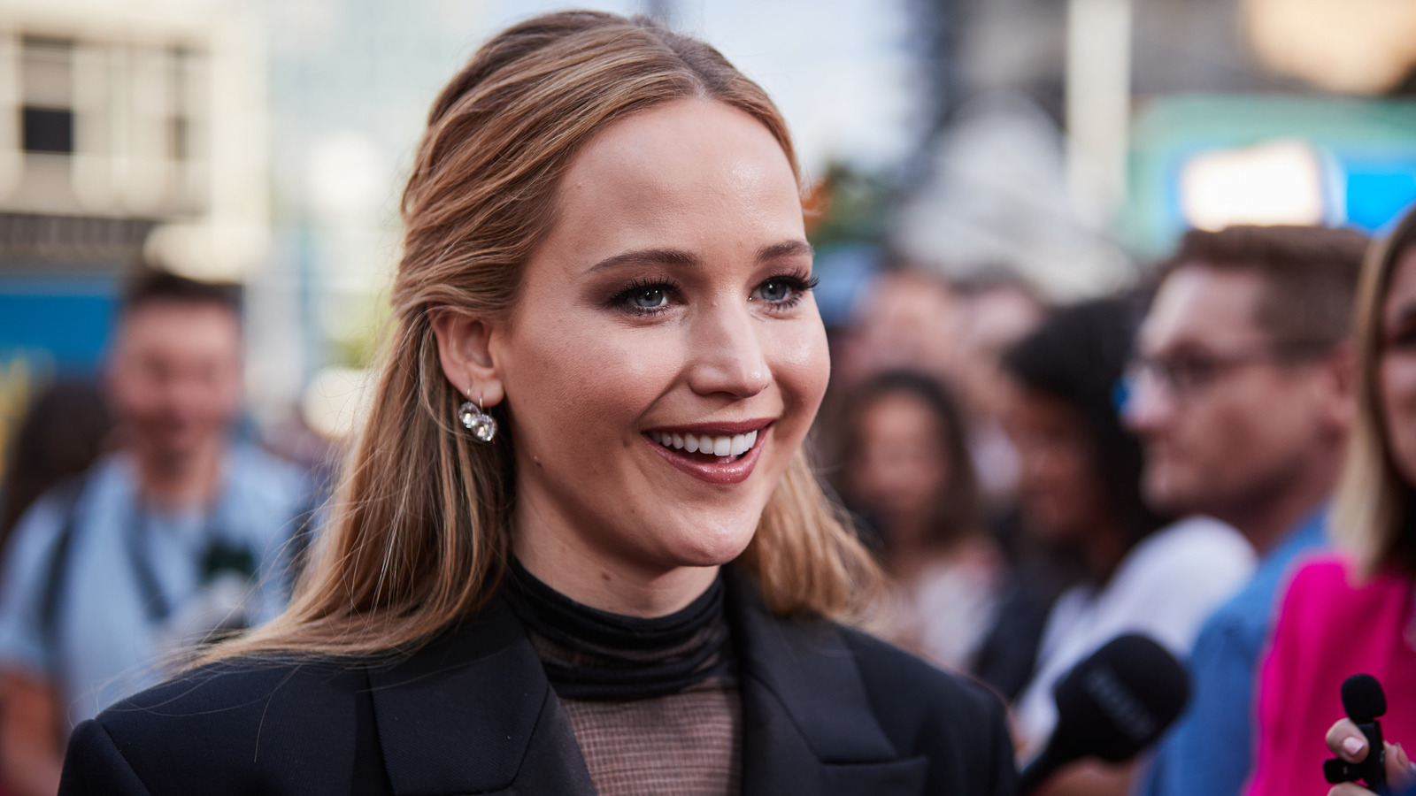 Jennifer Lawrence Doesn't Need Pants To Rock This Sheer Top And Blazer Look